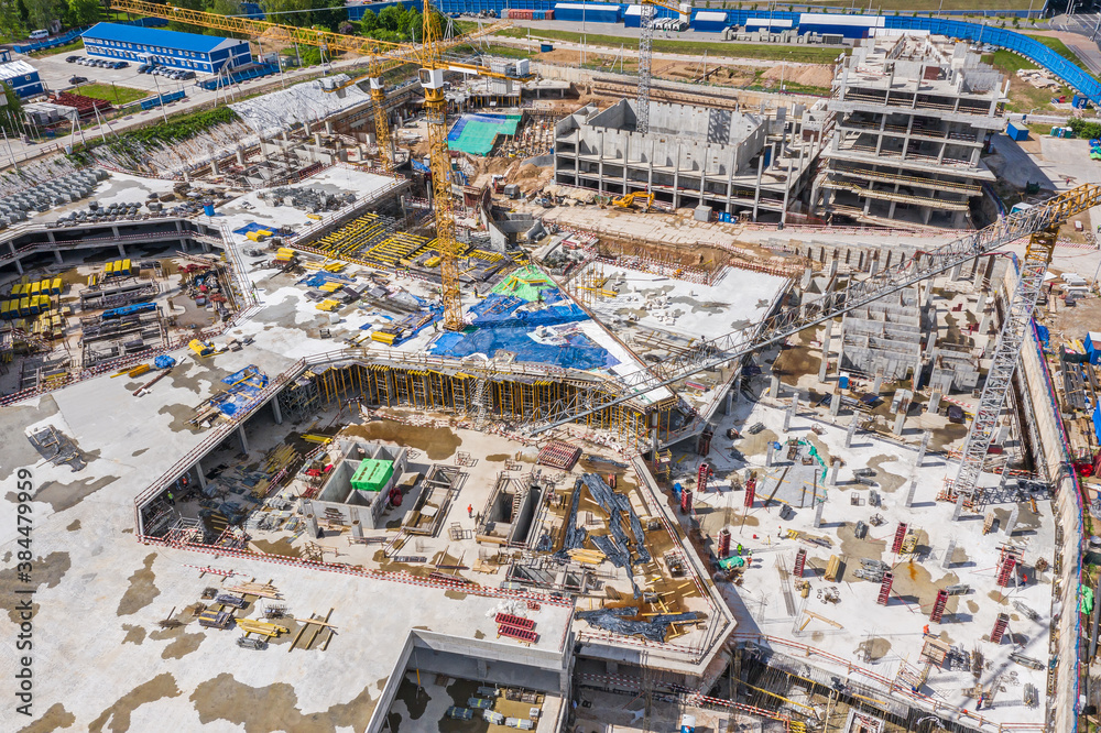 construction site aerial view. new building base with concrete slab ...