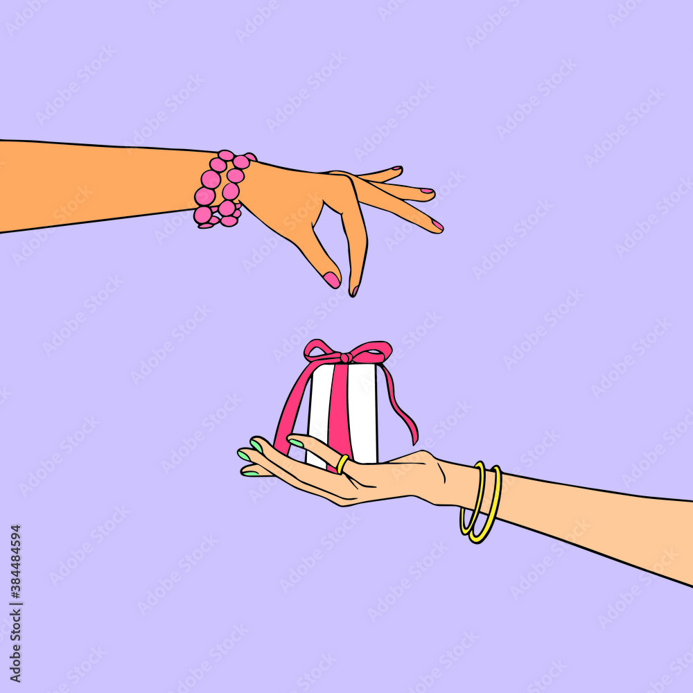Giving a gift concept. Illustration of a line drawing of a hand holding ...