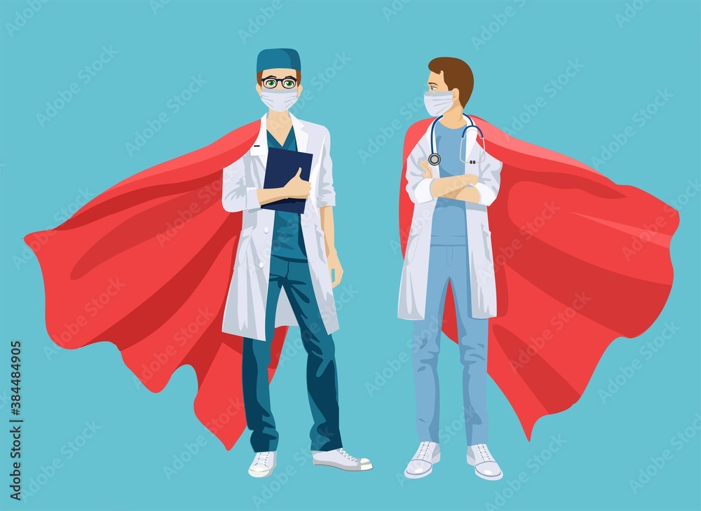Super doctor and nurse wearing medical masks and capes, superhero ...