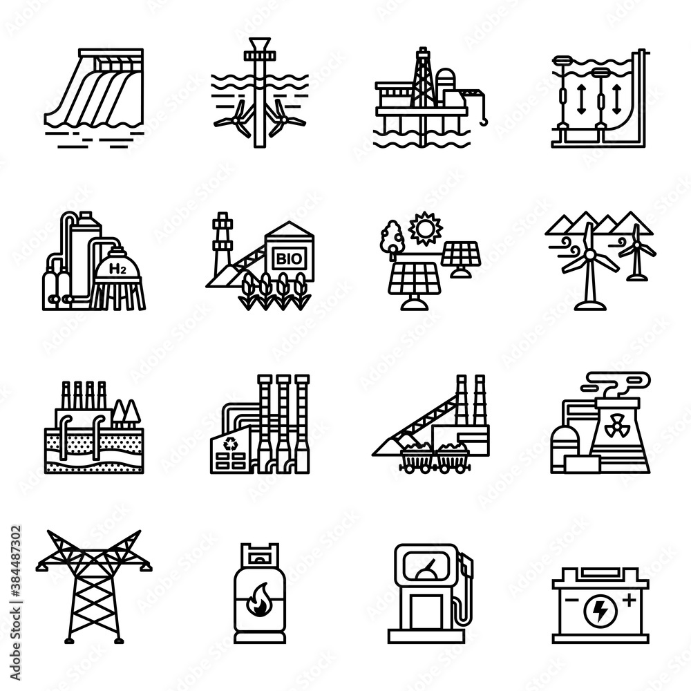 Energy industry icons set. different kinds enterprise, thin line design ...