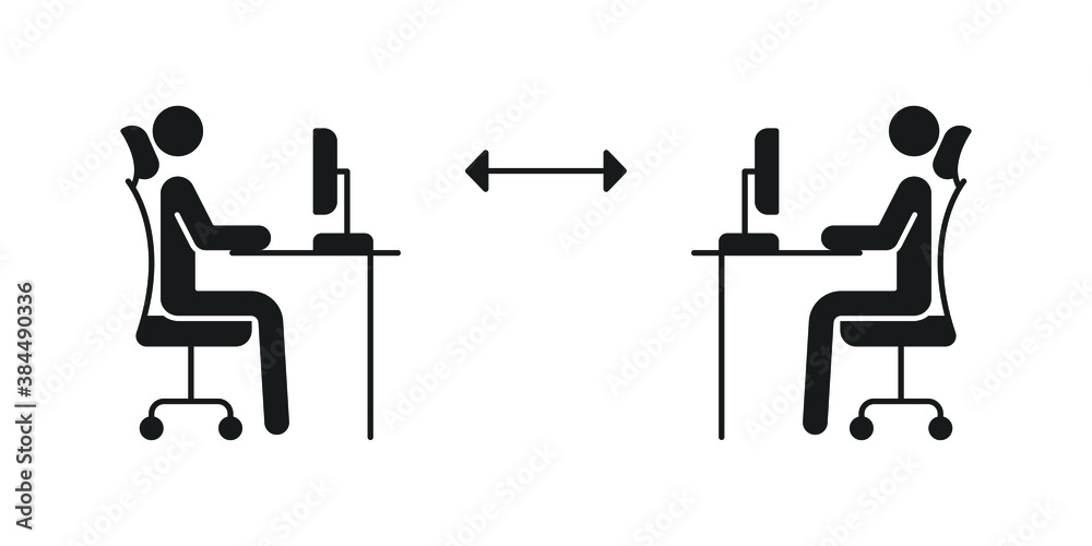 New normal concept in work office desk icon. Two people working, sit at ...