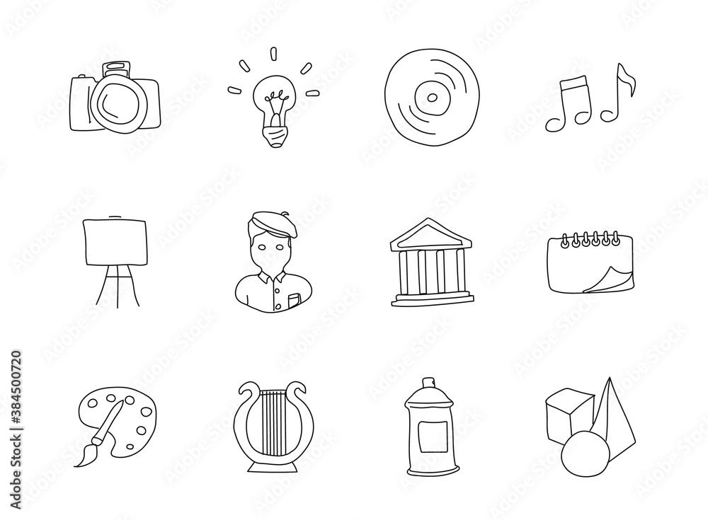 art hand drawn linear vector icons isolated on white background. art ...