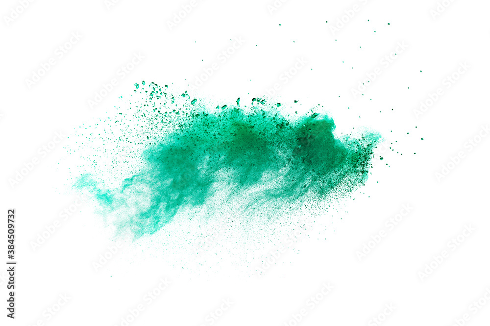 Splash of green colored powder on white background.Green powder ...