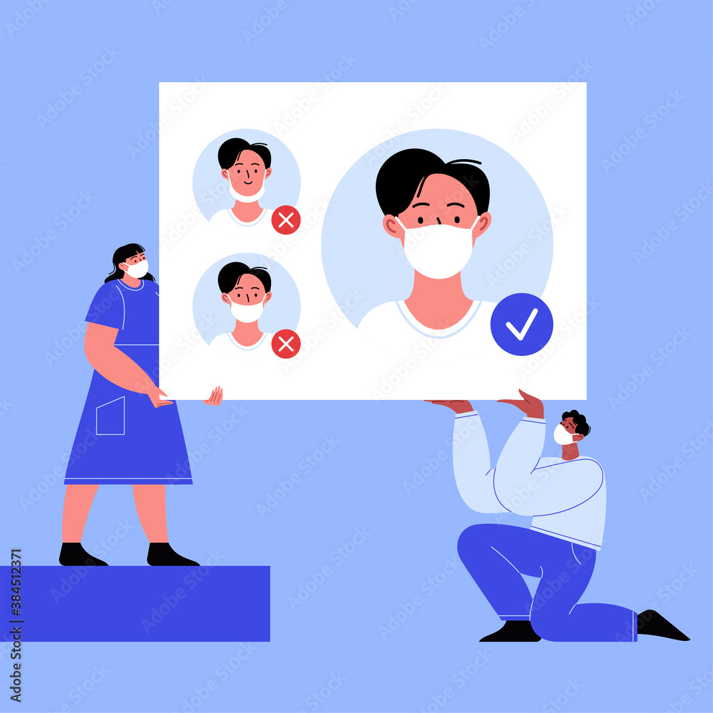 Two characters wearing face masks holding an infographic banner about ...