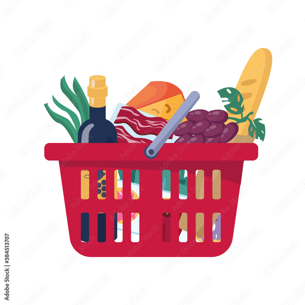Full plastic red food basket isolated grocery products flat cartoon ...