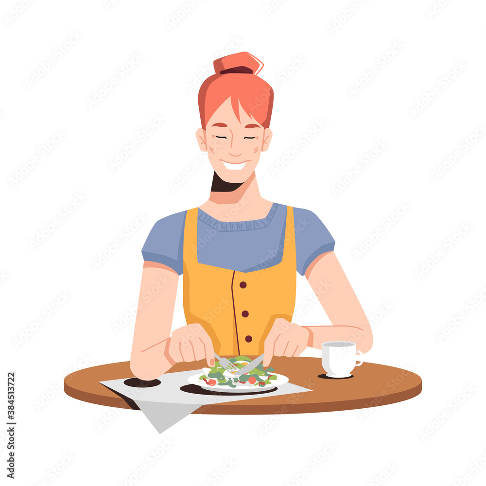 Happy caucasian girl eating salad isolated flat-cartoon person dining ...