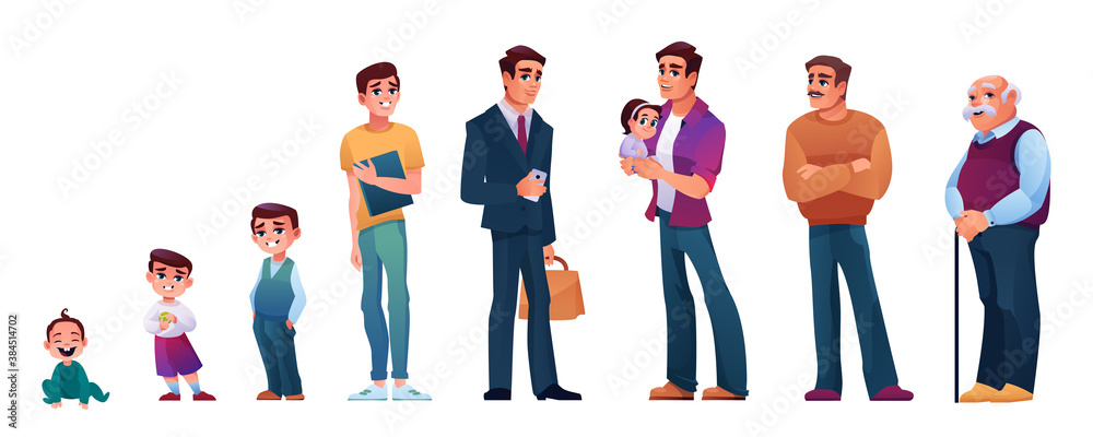 Character of man in different age. Vector baby, child, teenager adult ...