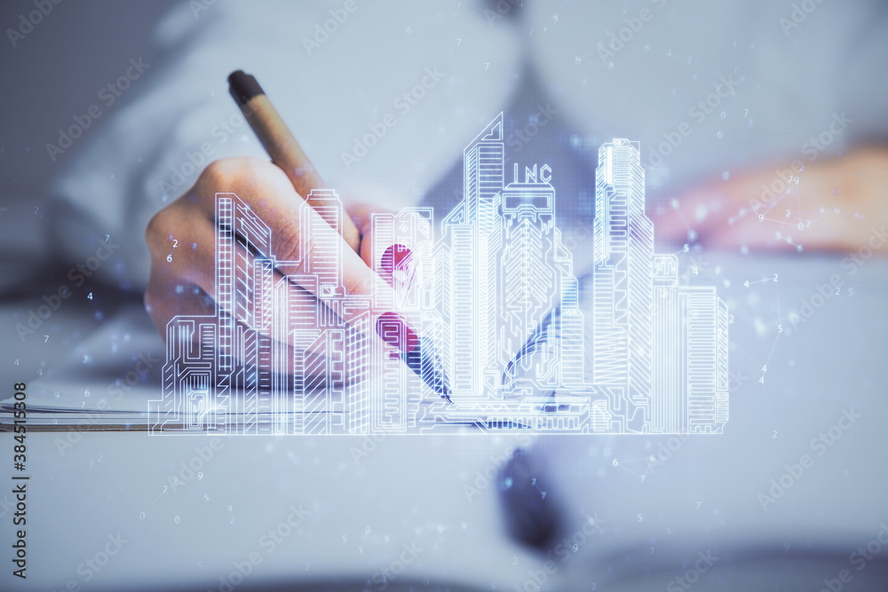 IOT drawing over writing hands in notepad background. Concept of smart ...