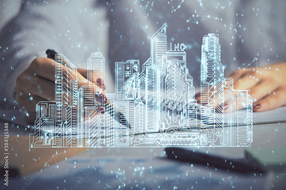 IOT drawing over writing hands in notepad background. Concept of smart ...