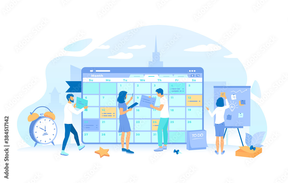 People work together filling out the schedule, set tasks and reminders ...