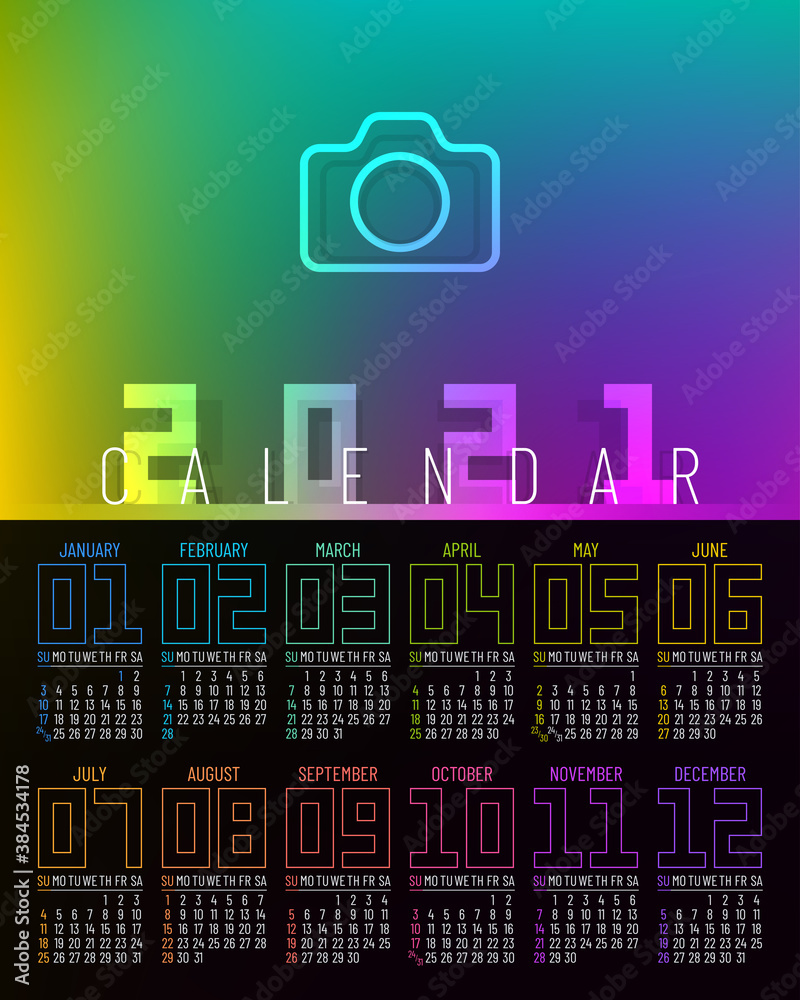 Rainbow Colored Poster Calendar 2021 Design Sunday Start Stock Vector ...