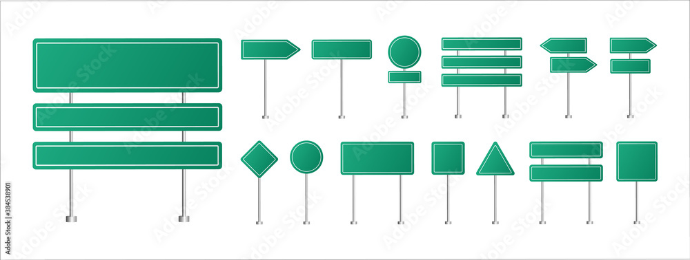 Set of road signs.Traffic signs. Green road signposts. Route direction ...