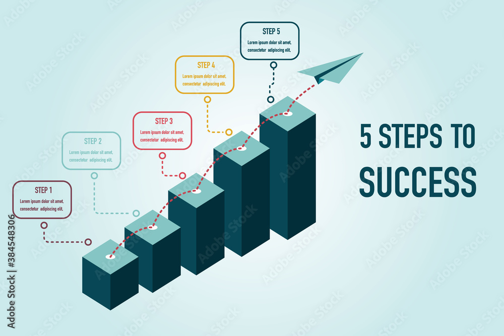 5 steps to success with stairs, paper planes and key words vector for ...