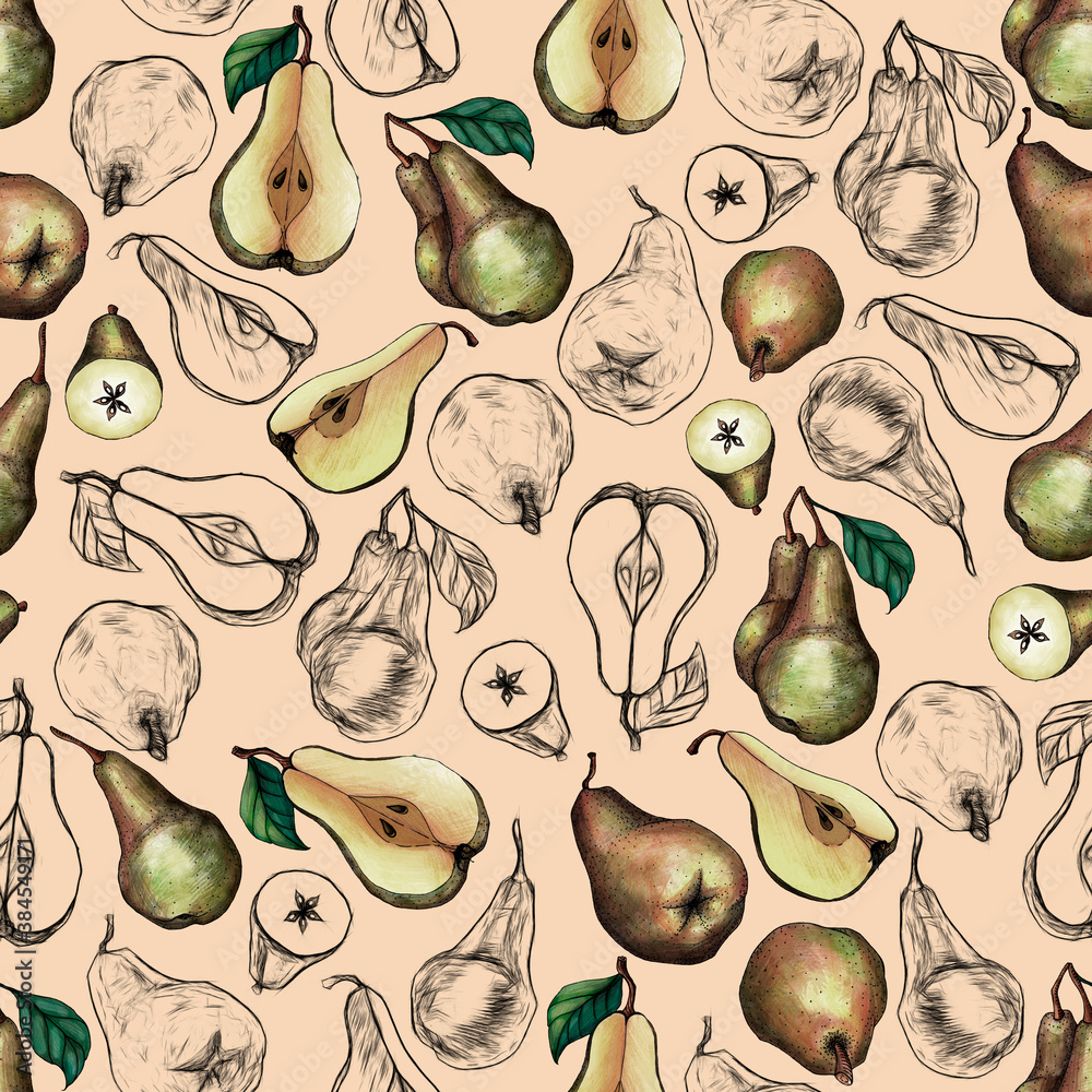 Seamless pattern of ripe pears, whole and slices on a light background ...