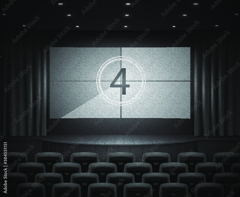 Retro dark cinema or theater hall, vintage black and white style. wide ...