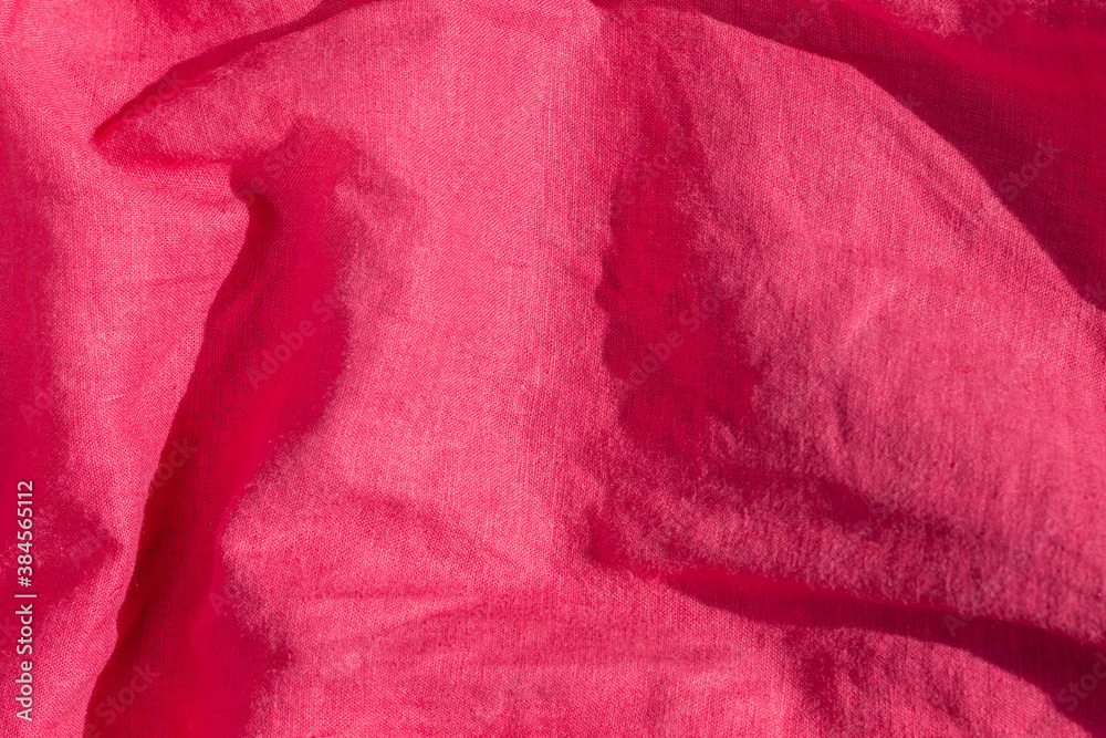 Pink linen fabric texture top view. Red coral background. Fashion color ...