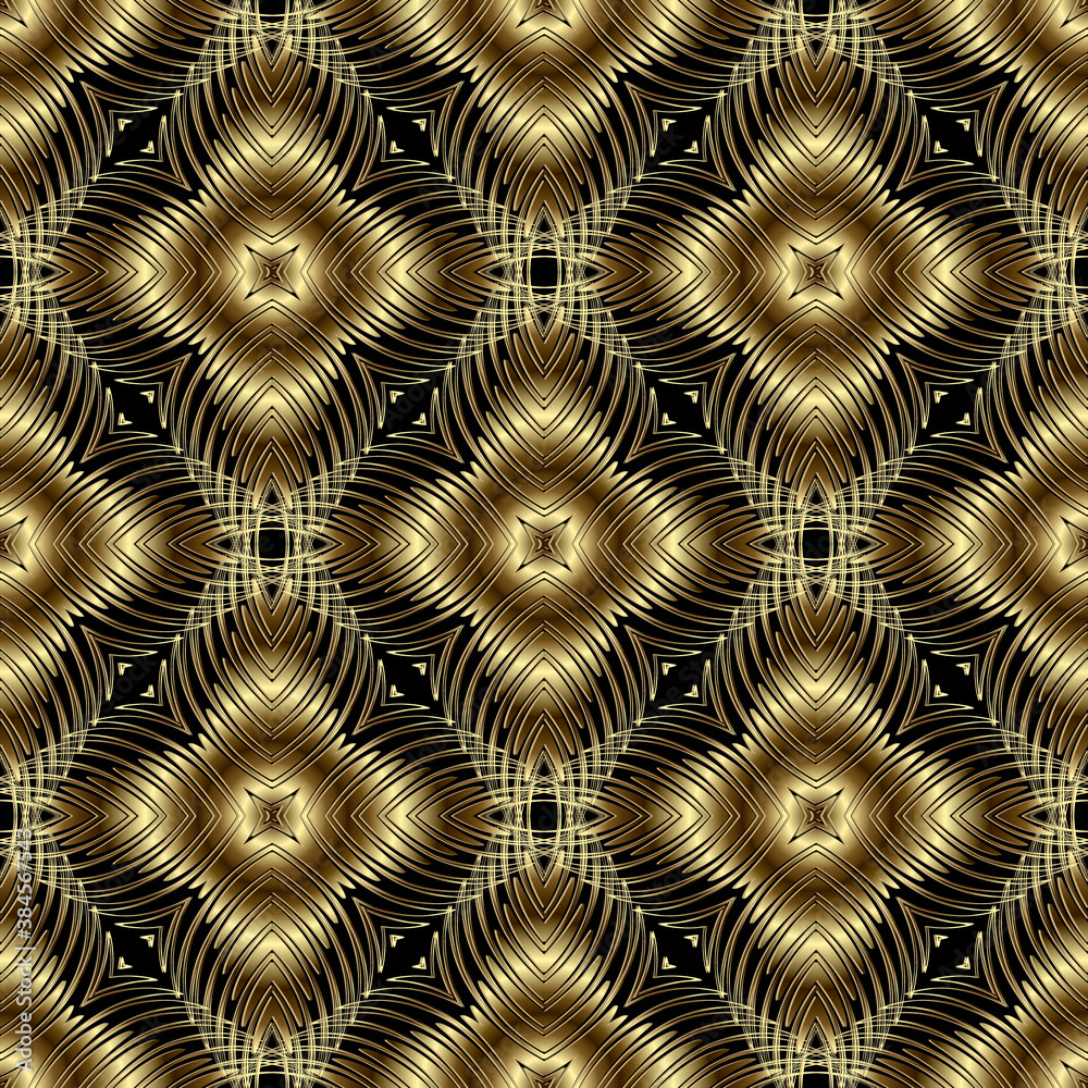 Gold textured 3d floral seamless pattern. Ornamental golden lines ...