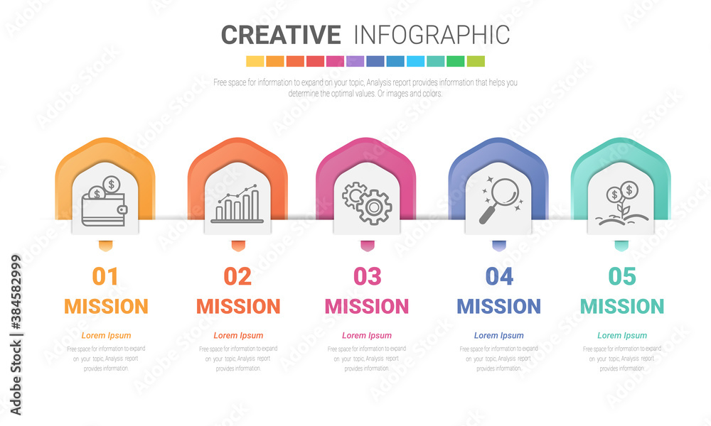 Presentation infographic template with 5 options, vector infographics design and marketing icons ...