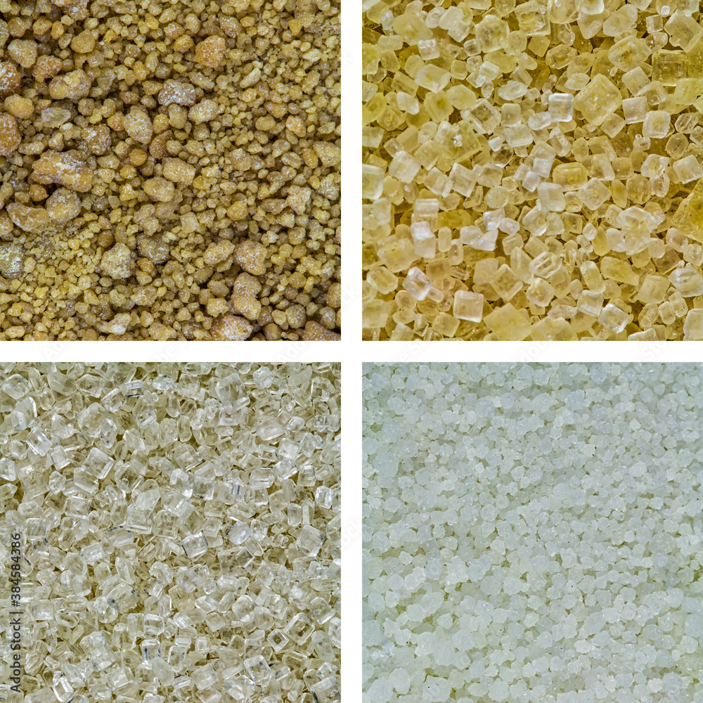 types of sugars. Square mosaic with close up of 4 types of sugar, brown ...