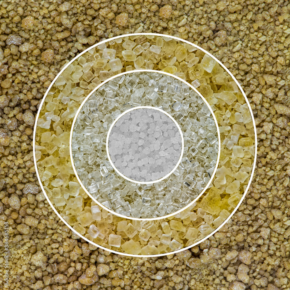 types of sugars. Circular mosaic with close up of 4 types of sugar ...