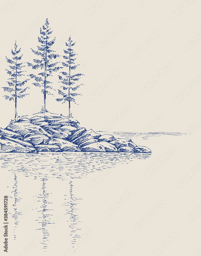 Pine trees on a rocky landscape. Trees reflection in the water artistic ...