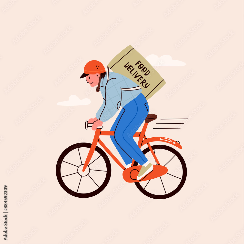Delivery man or boy riding bicycle with delivery box on back. Courier ...