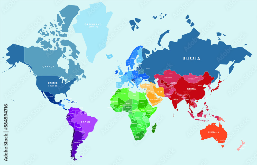 Colorful vector world map complete with all countries and capital ...