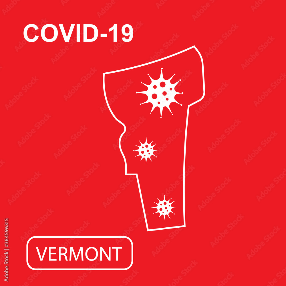 Map of Vermont State labeled "COVID-19". White outline map on a red ...