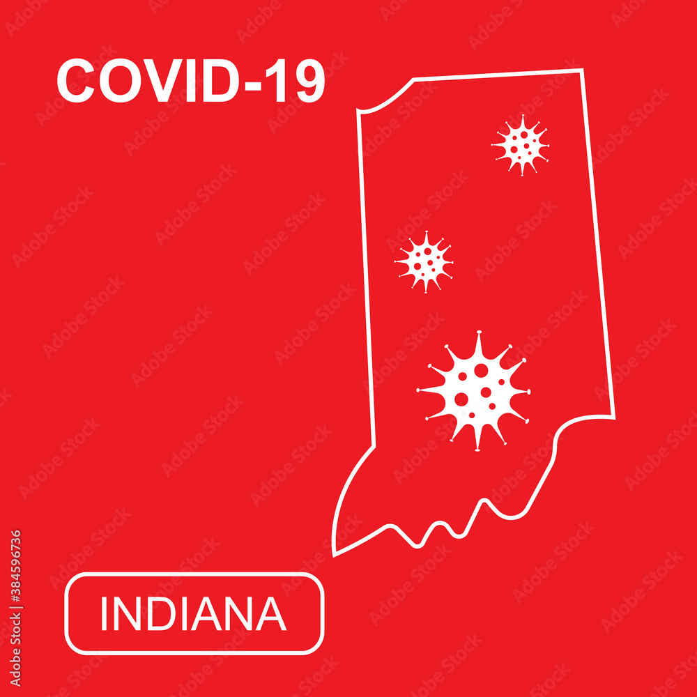 Map of Indiana State labeled "COVID-19". White outline map on a red ...