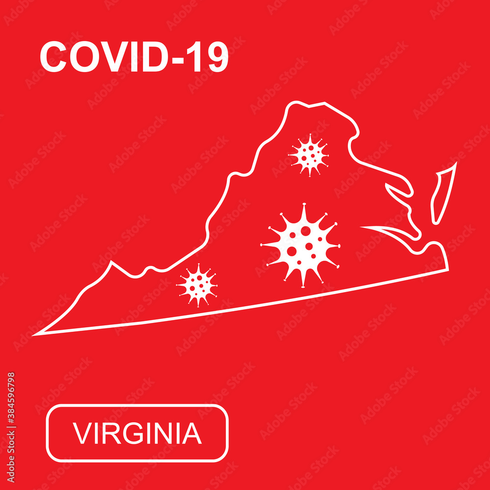 Map of Virginia State labeled "COVID-19". White outline map on a red ...