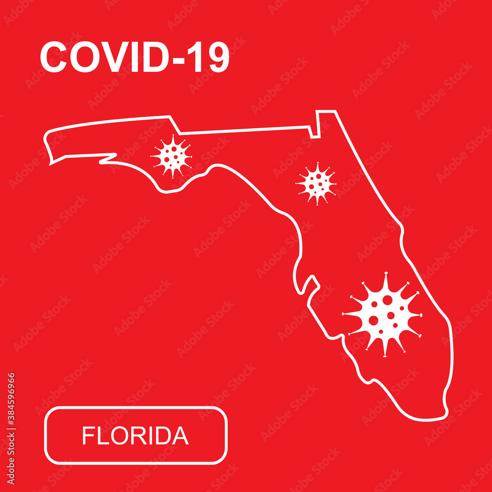 Map of Florida State labeled "COVID-19". White outline map on a red ...