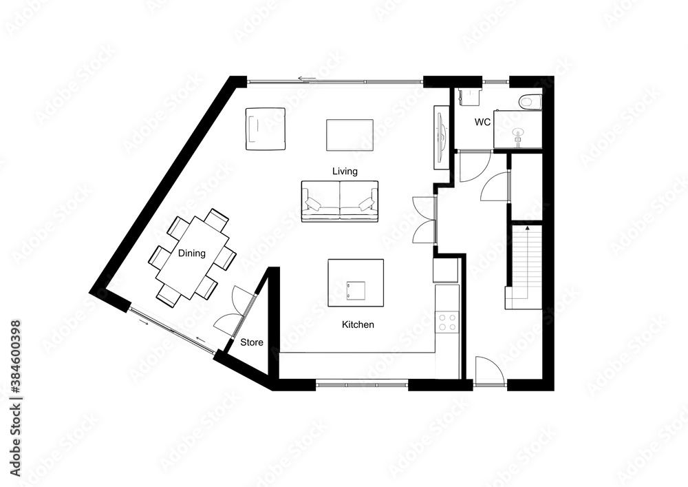 Modern interior design, isolated floor plan with white walls, blueprint ...