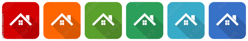 House, roof and window icon set, flat design vector illustration in 6 ...
