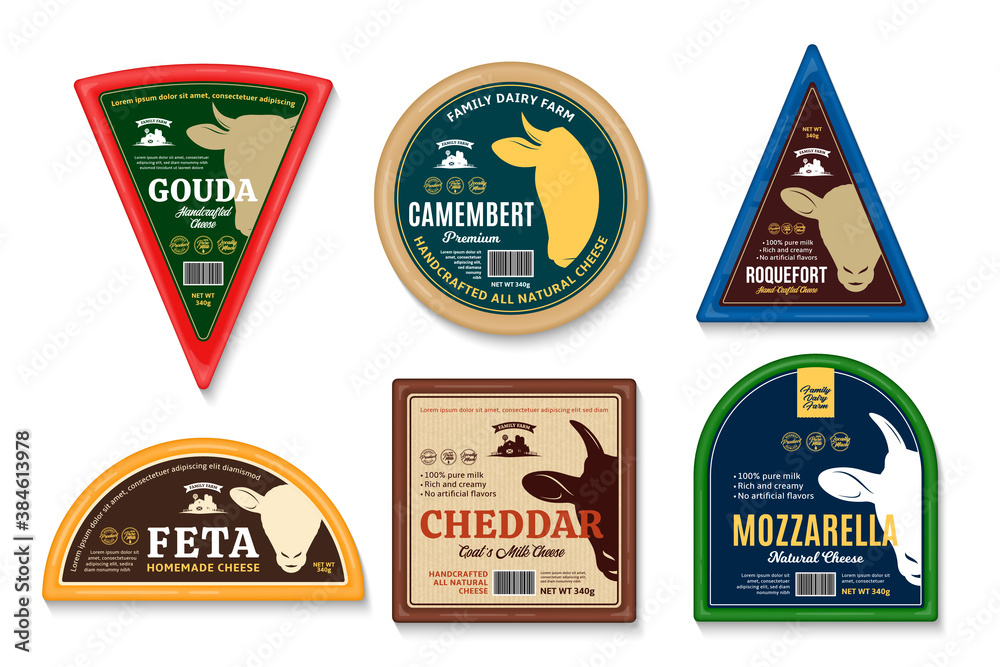Vector cheese labels and packaging design templates. Cow, sheep, and ...