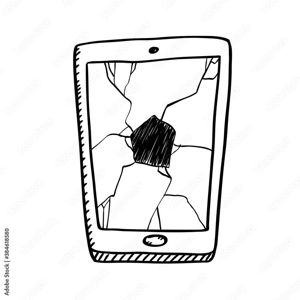 Cartoon style black and white doodle of mobile phone with broken screen ...