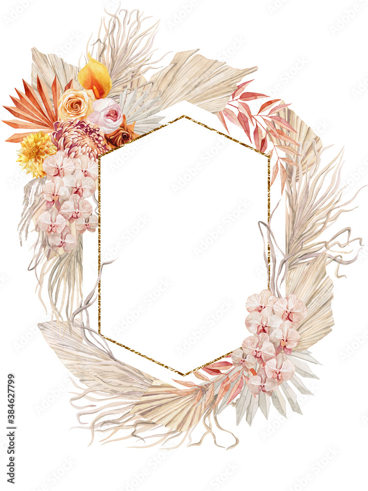 watercolor illustration, floral frame with yellow and orange flowers ...