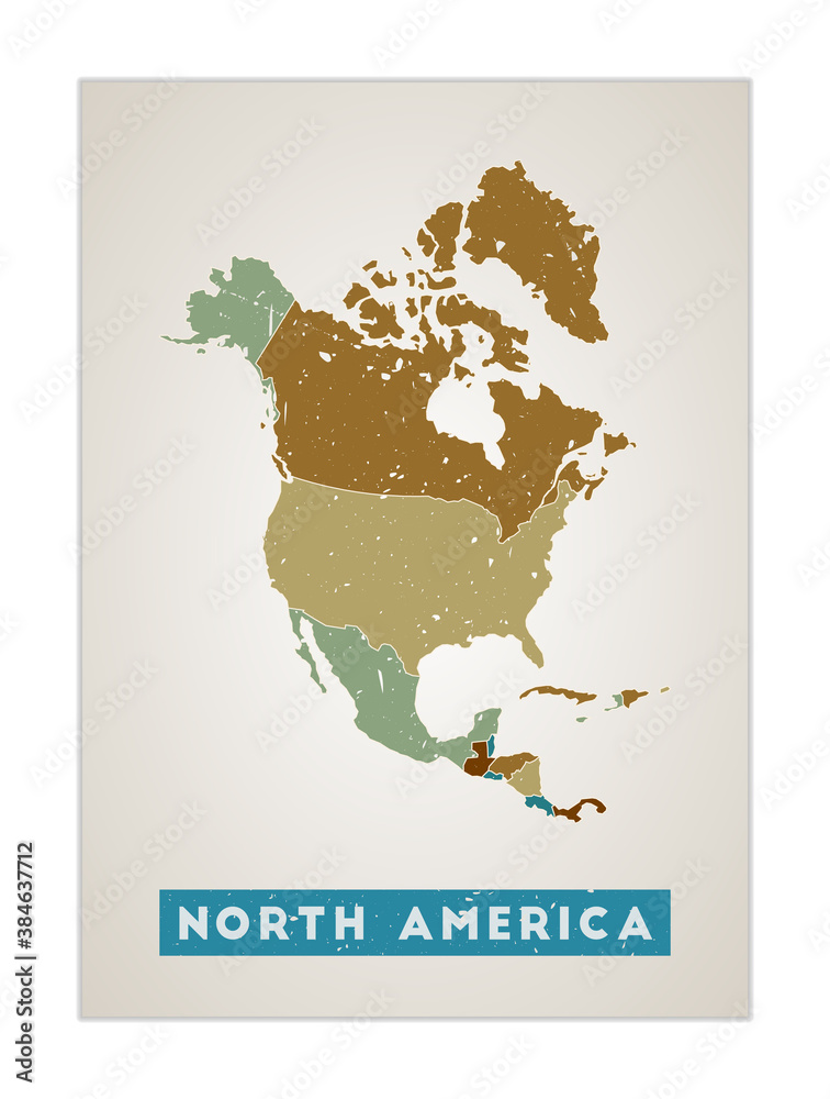 North America map. Continent poster with regions. Old grunge texture ...