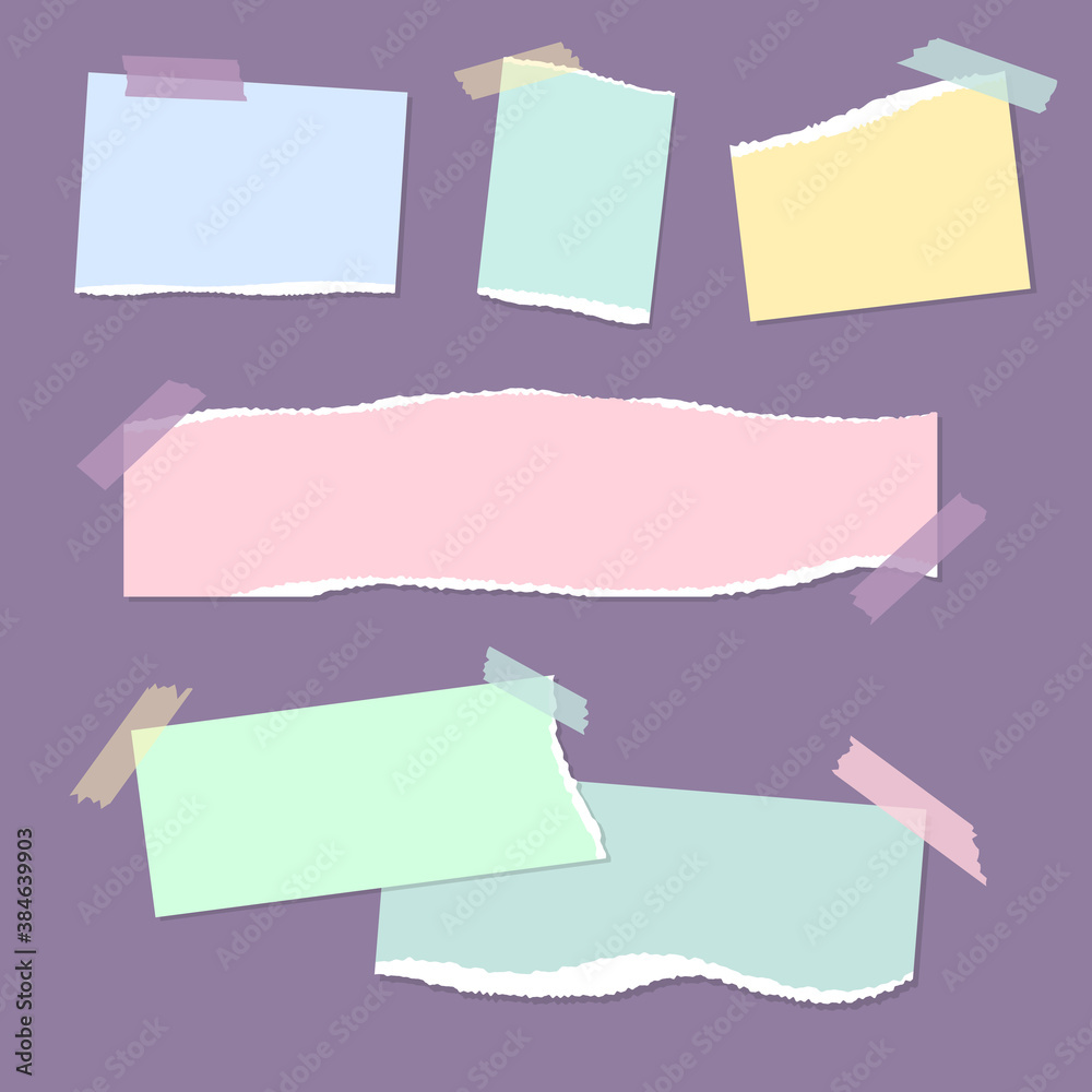 Realistic empty torn colored paper notes with sticky tape on purple ...