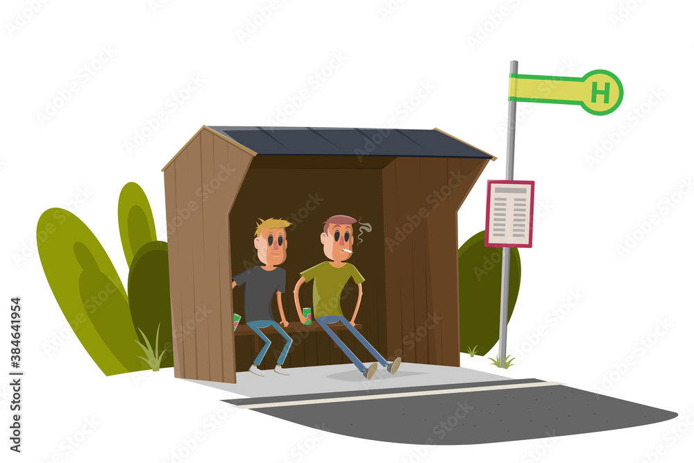 cartoon illustration of two guys sitting in a typical German bus stop ...