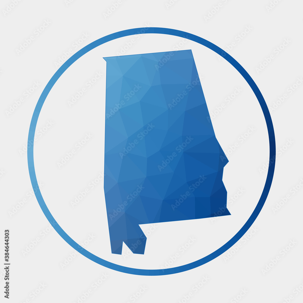 Alabama icon. Polygonal map of the us state in gradient ring. Round low ...