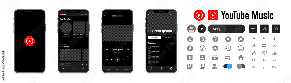 Youtube. Youtube music. App interface template on Apple Iphone mockup ...