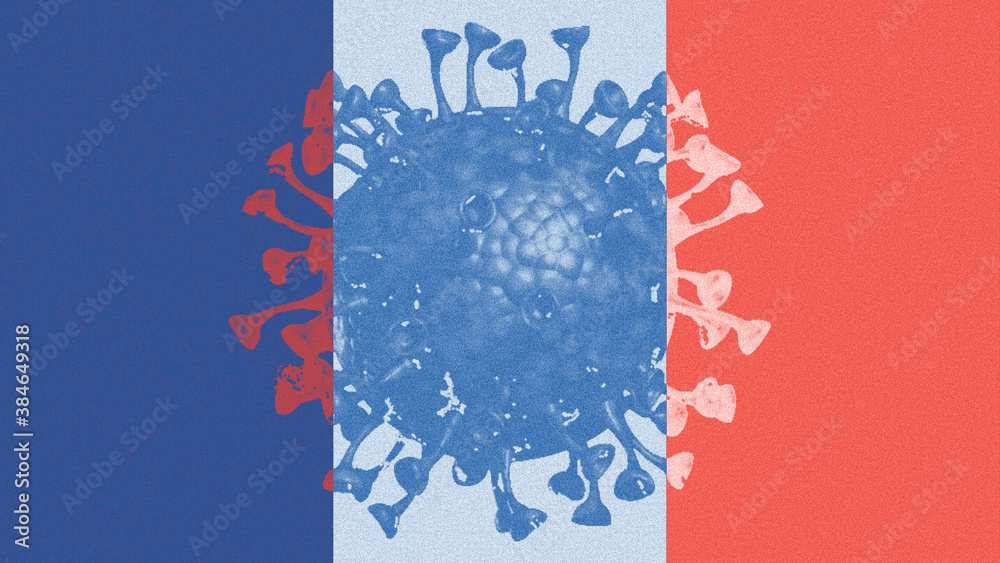 French flag with an image of the Covid-19 virus in the flags colors and ...
