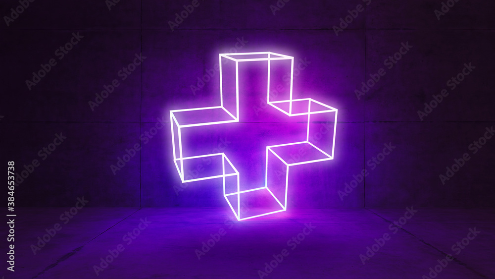 Plus sign concept illuminated by neon light in concrete wall and floor ...