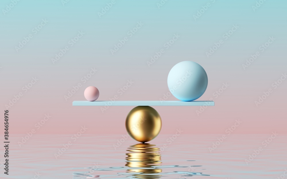 3d render, balls placed on scales with reflection in the water ...