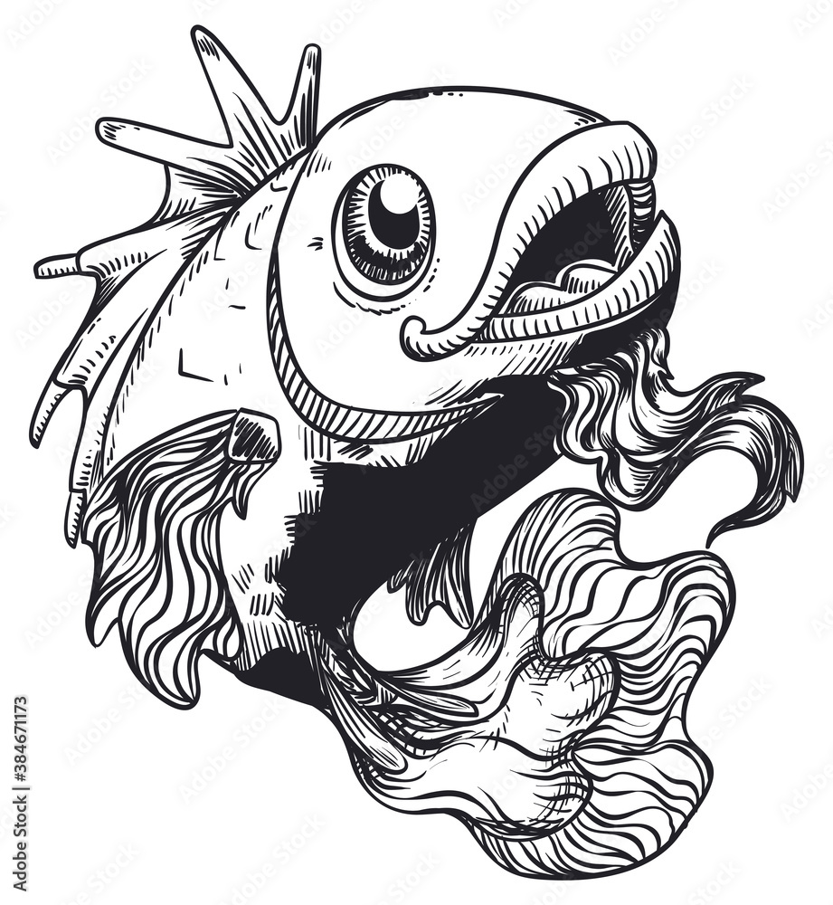 Drawing of Ancient Bearded Fish like Cute Marine Monster, Vector ...