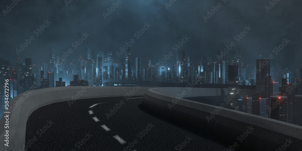 3D Rendering of grunge asphalt highway road at night with sky scrapper ...