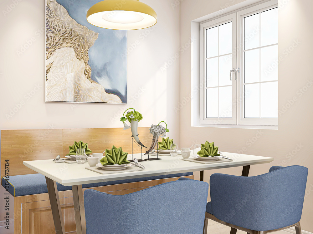 Clean and tidy dining room has wooden table and chair, very neat and ...