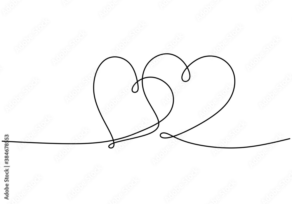 Continuous line drawing of love sign with two hearts. Romantic theme ...