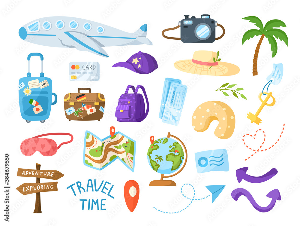 Traveling cartoon bundle, kids travel or vacation clipart set - plane ...