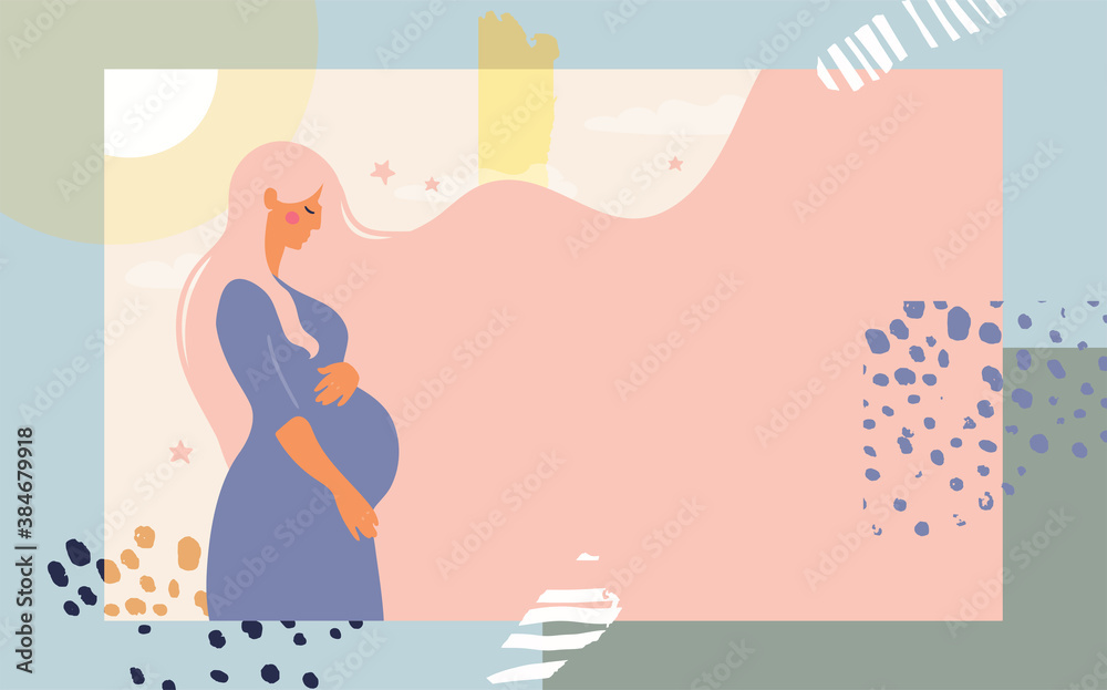 A poster with a pregnant woman. Modern collage on an abstract ...